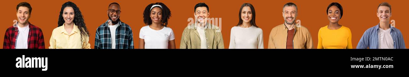 Happy multiethnic people posing on orange, collection of photos Stock ...