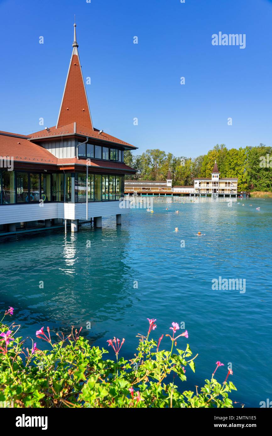 famous Heviz balneal thermal bath hot spring in Hungary with flowers ...