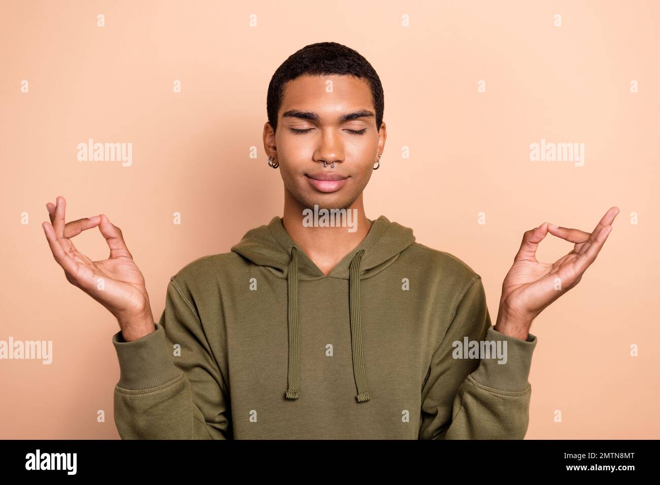 Photo of young chilling excited student man show peace fingers ...