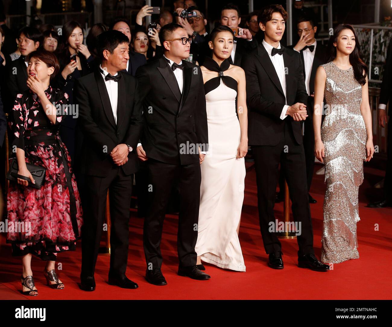 Director Jung Byung-Gil, third left, with actress Kim Seo-Hyung, actor Bang Sungjun, and actress ...