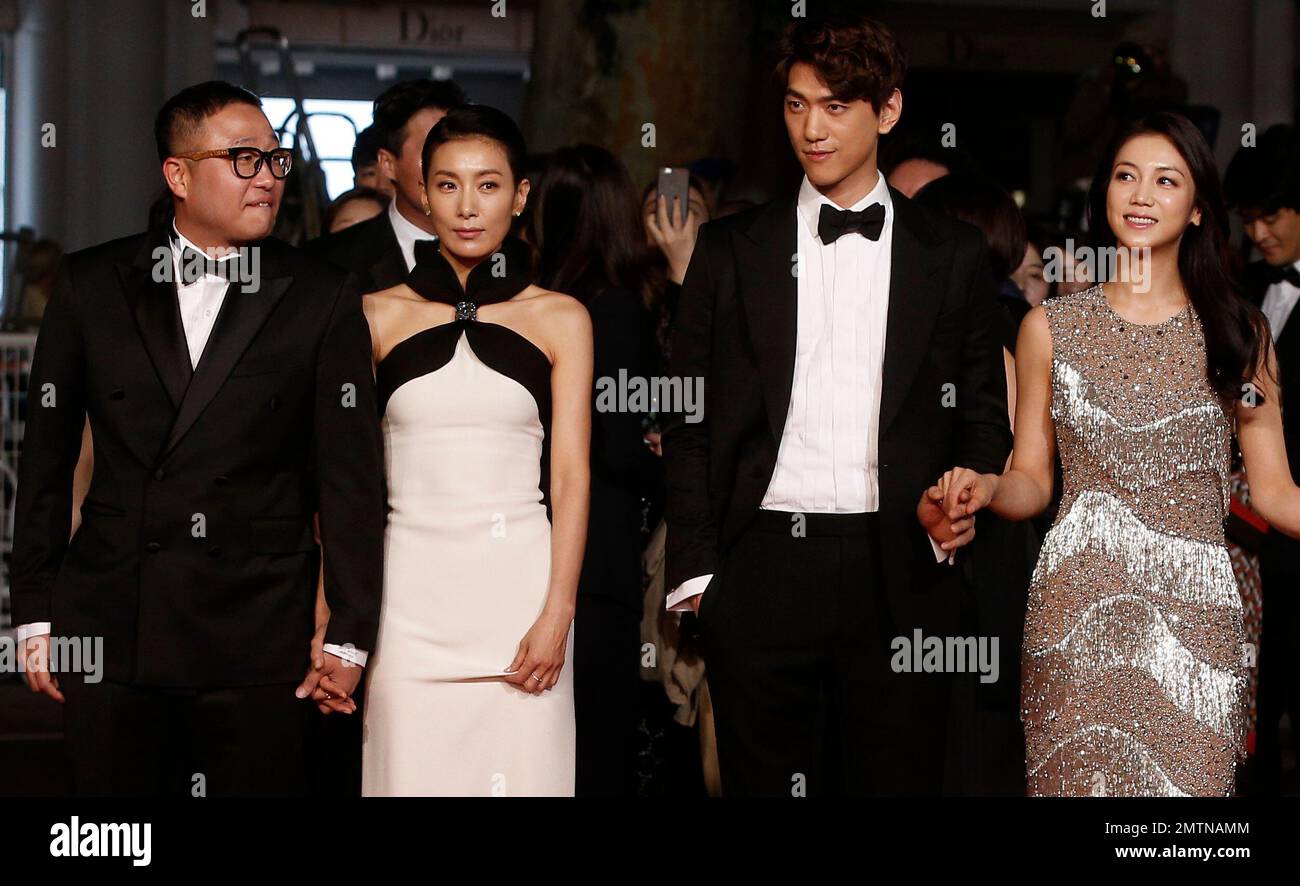 Director Jung Byung-Gil, left, with actress Kim Seo-Hyung, actor Bang Sungjun, and actress Kim ...