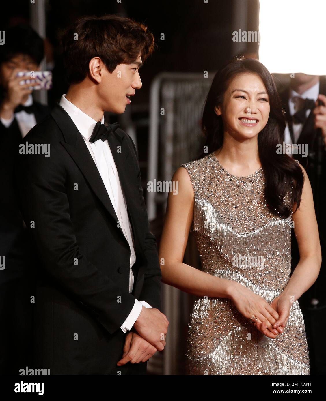 Actor Bang Sungjun, and actress Kim Ok-Vin pose for photographers upon arrival at the screening ...