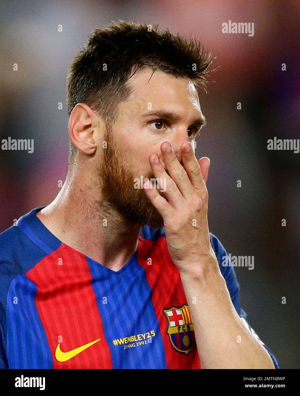 FC Barcelona's Lionel Messi gestures at the end of the Spanish La Liga ...