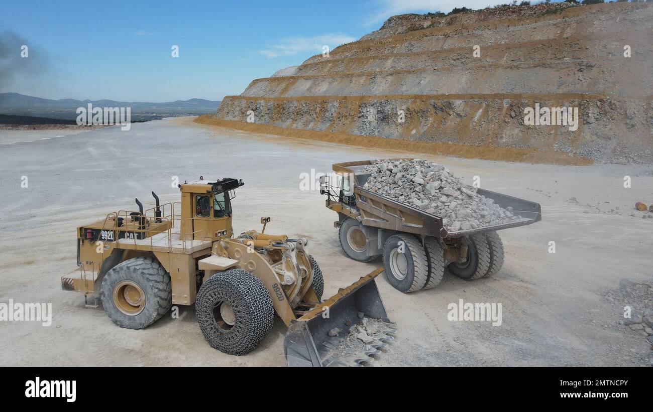 Wheel loader loading the dumper with limestone. Limestone production ...
