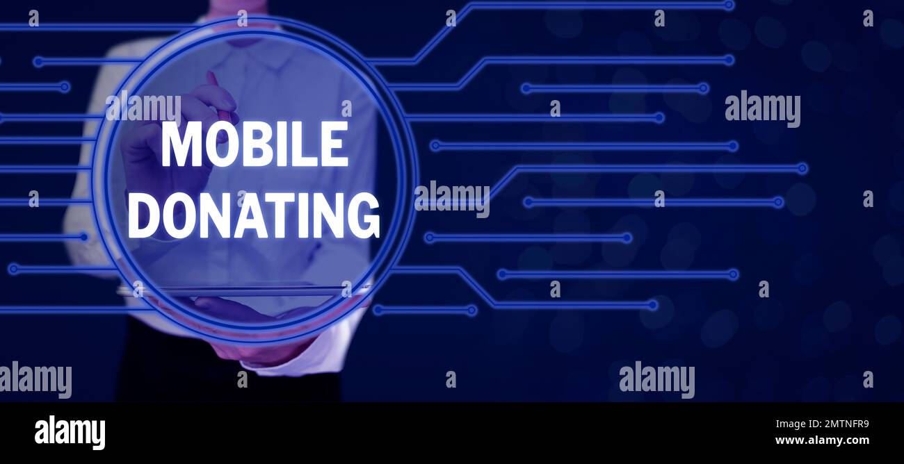 Text caption presenting Mobile Donating. Conceptual photo to give something to a charity or any ...