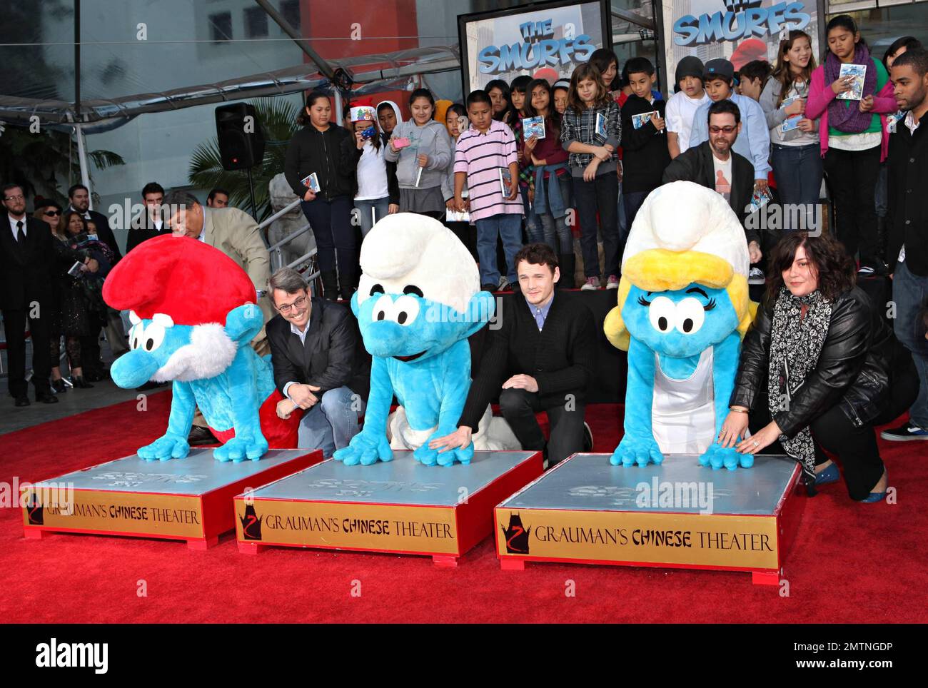 Papa Smurf, Bob Osher, Clumsy, Smurfette and Anton Yelchin at The ...