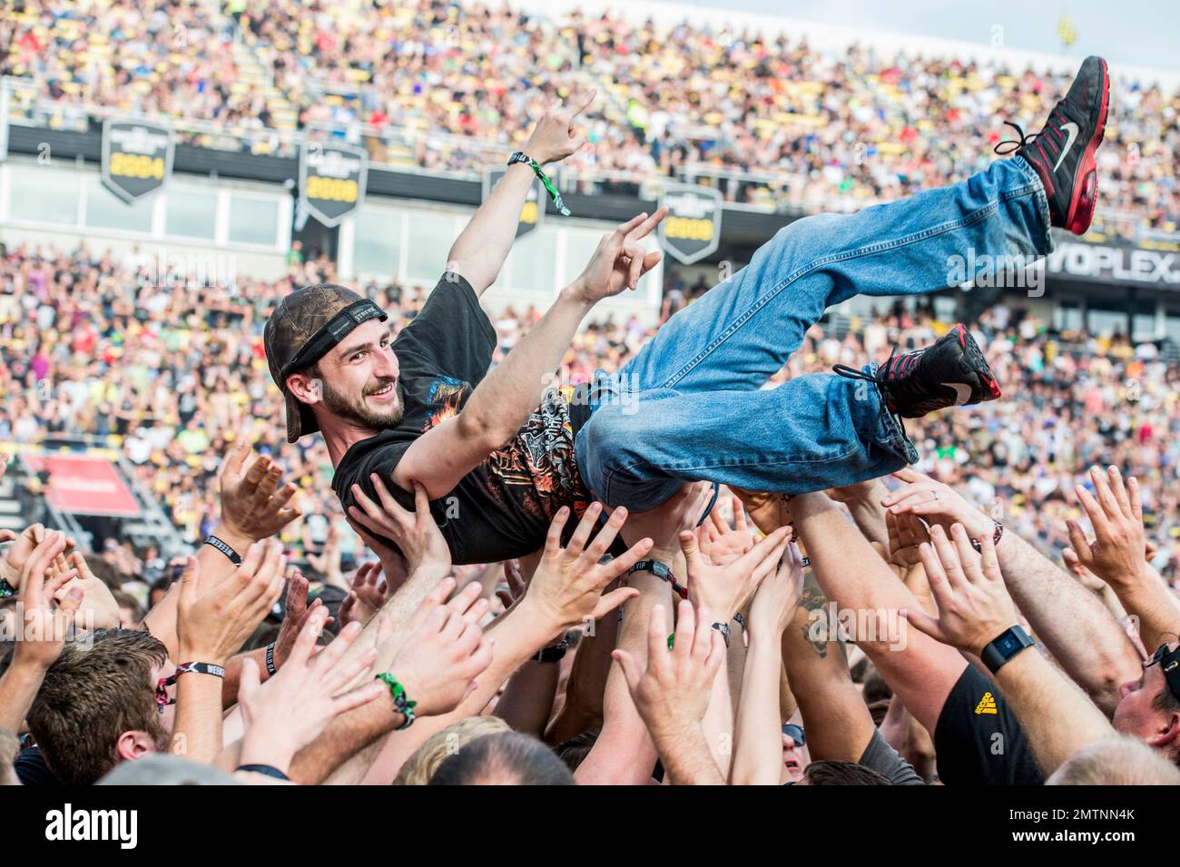 A festival goer crowd surfs at Rock On The Range Music Festival on ...
