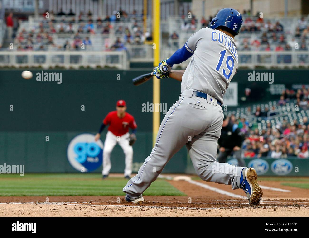 Kansas City Royals' Cheslor Cuthbert hits an RBI single off Minnesota ...
