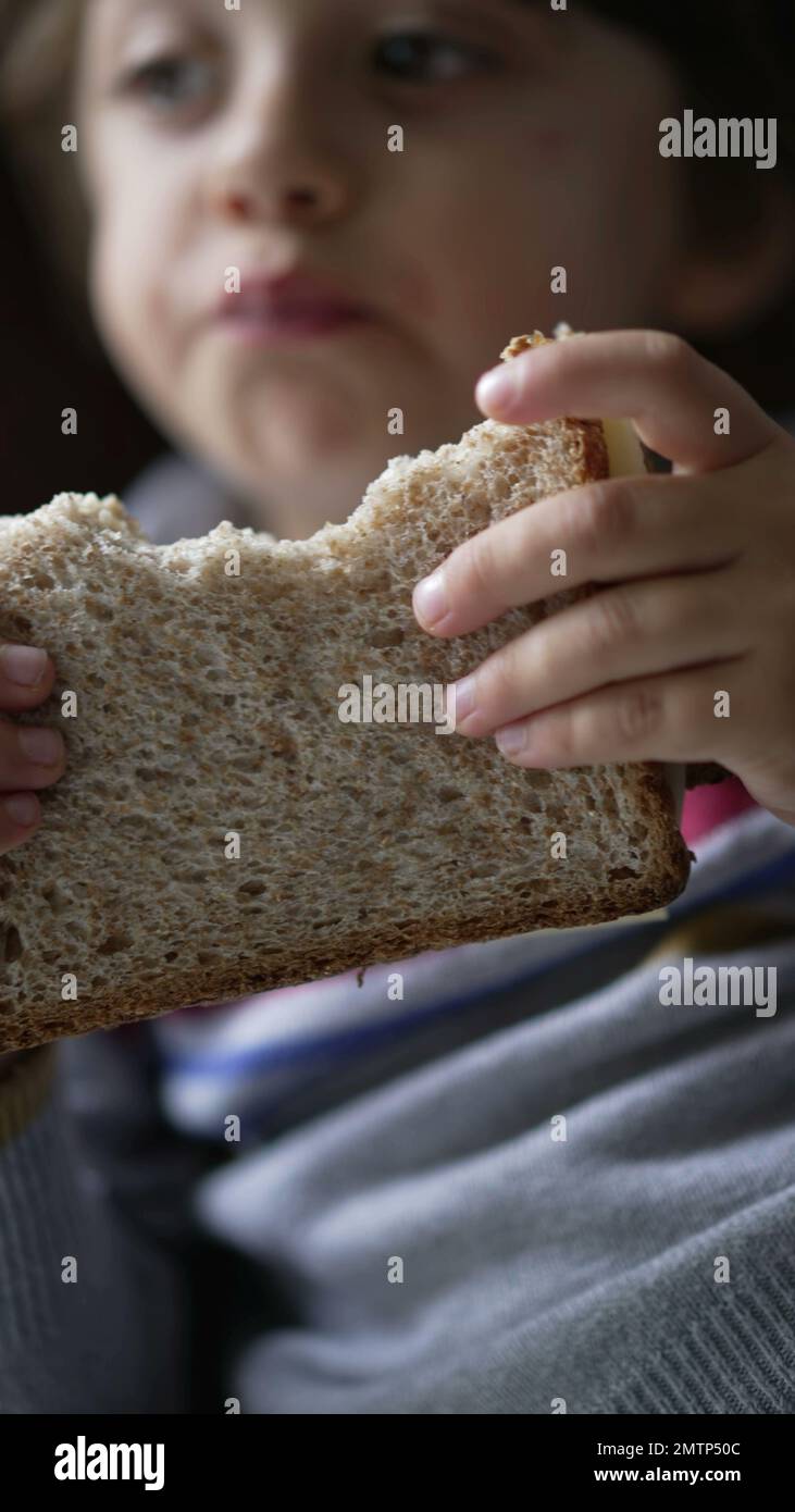 Child eating sandwich. Closeup small boy hand holding carb food snack ...