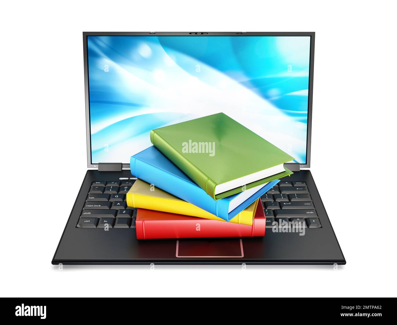 Book stack on laptop computer isolated on white background. 3D ...