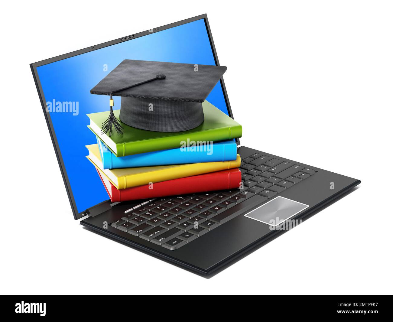 Book stack and graduation cap on laptop computer isolated on white ...