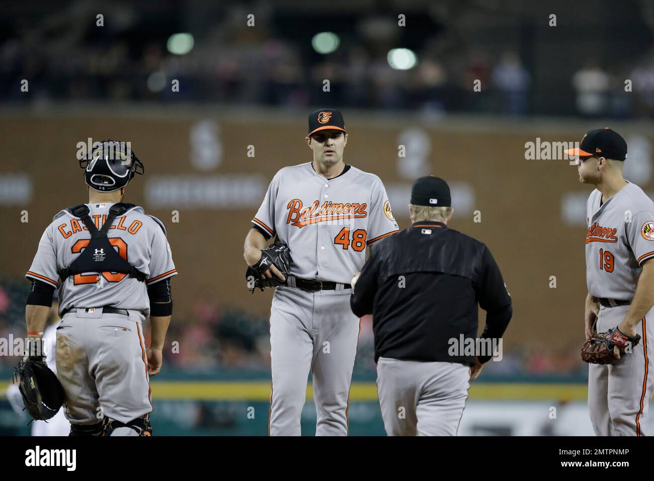 Baltimore Orioles relief pitcher Richard Bleier is relieved during the ...