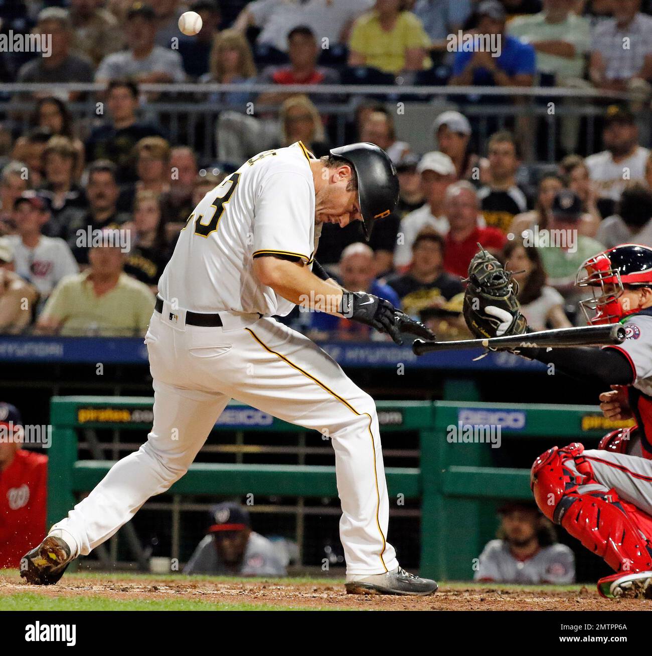 Pittsburgh Pirates' David Freese is hit by a pitch from Washington ...