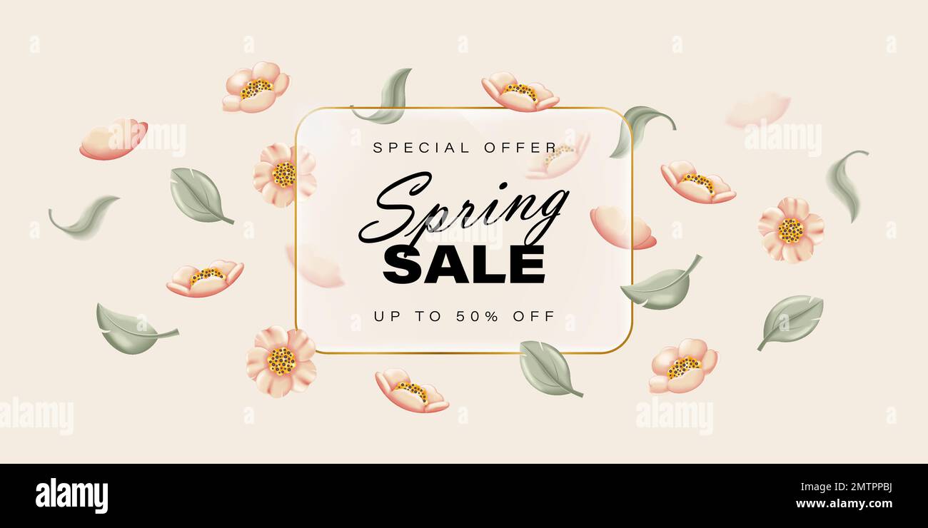 Spring Sale banner with flying blossom flowers. Realistic vector ...