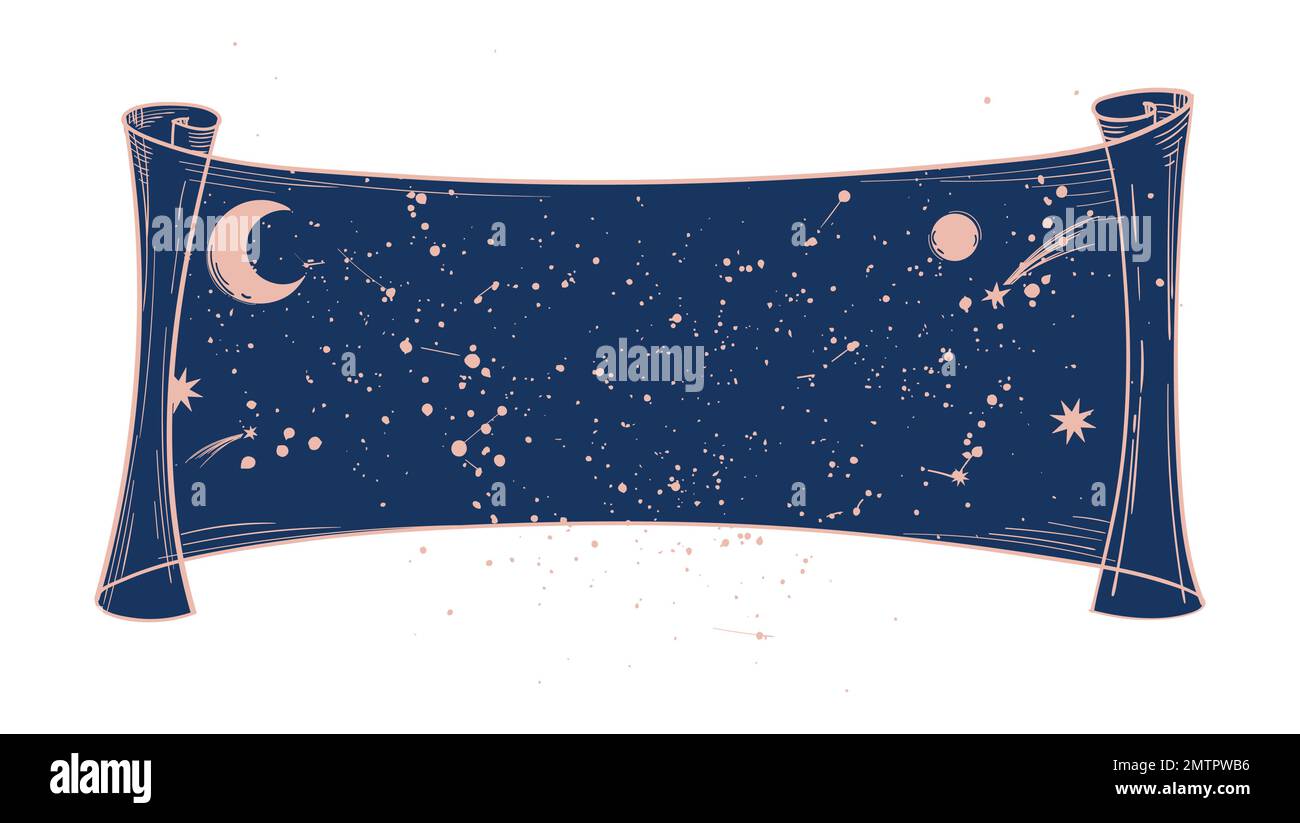 Mystical paper scroll with stars, galaxy map with copy space. Flat ...