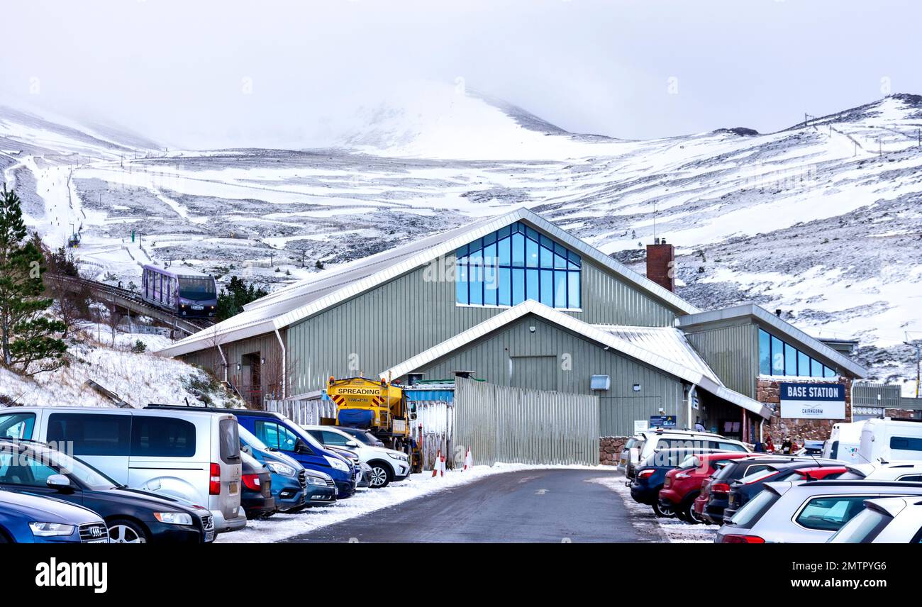 Cairngorm Mountain Aviemore Base Station building car park and Eagle Train on the funicular ...