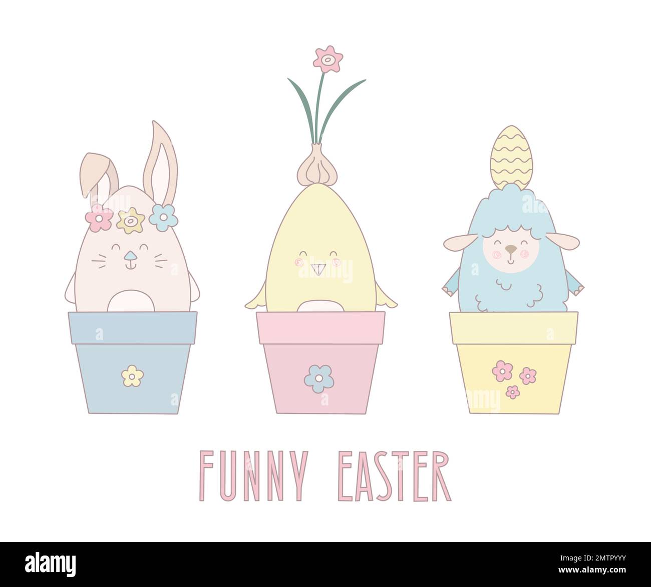 Set of cute Easter animals in flowers pot. Funny, amusing vector ...