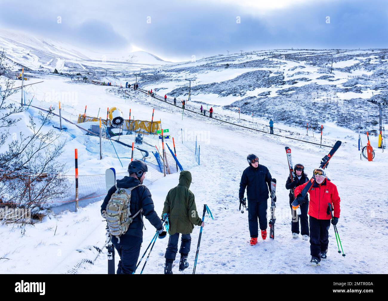 Cairngorm Mountain Aviemore Base Station Ski Pistes skiers moving on or ...