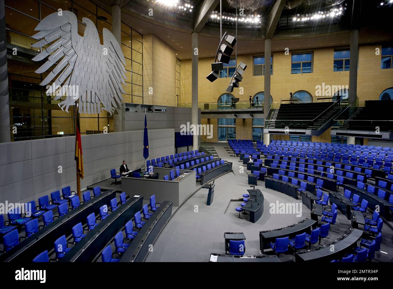 Interior view of the plenar hall of the German federal parliament ...
