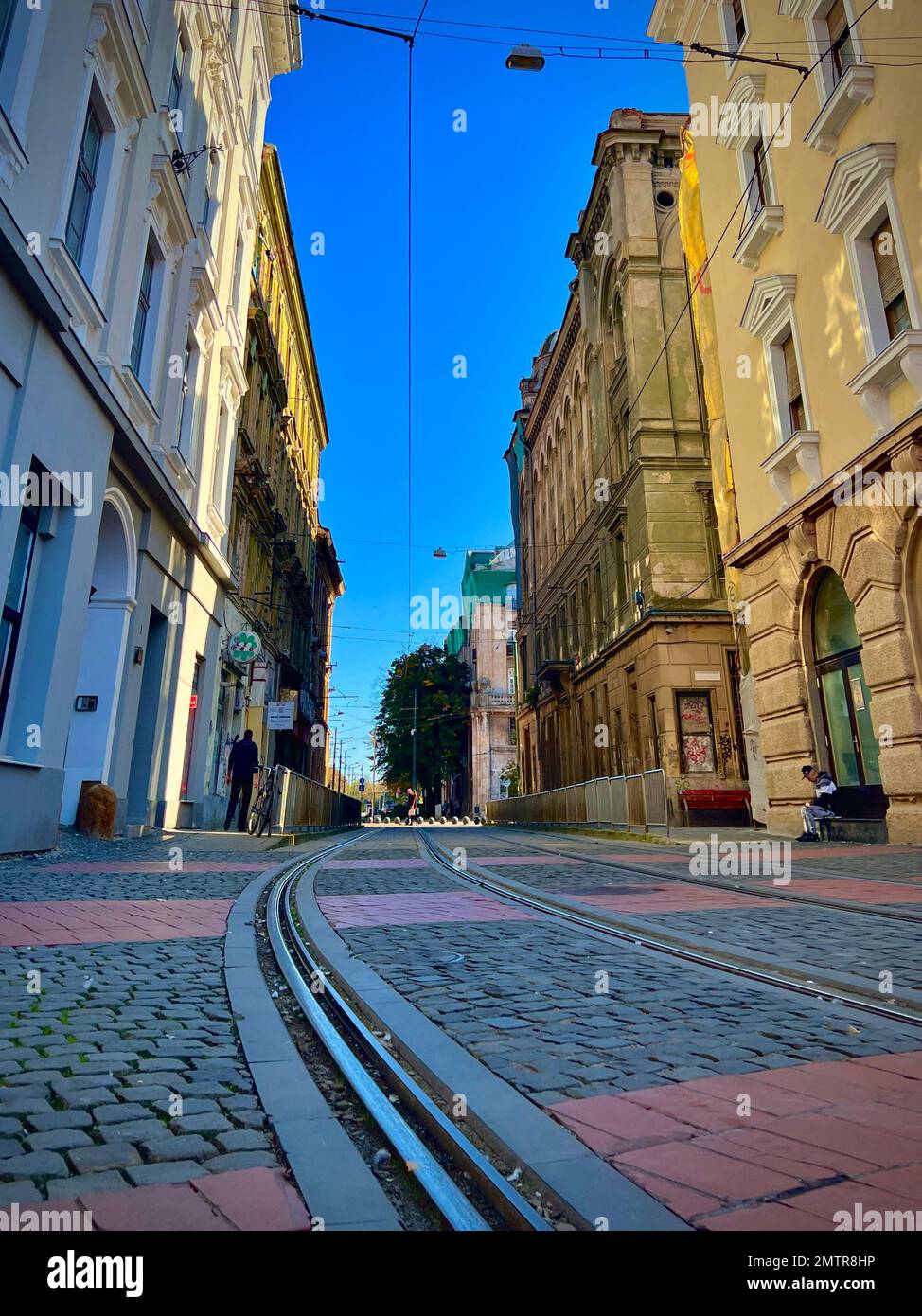 The tram rails in the streets of Timisoara city in Romania alongside ...
