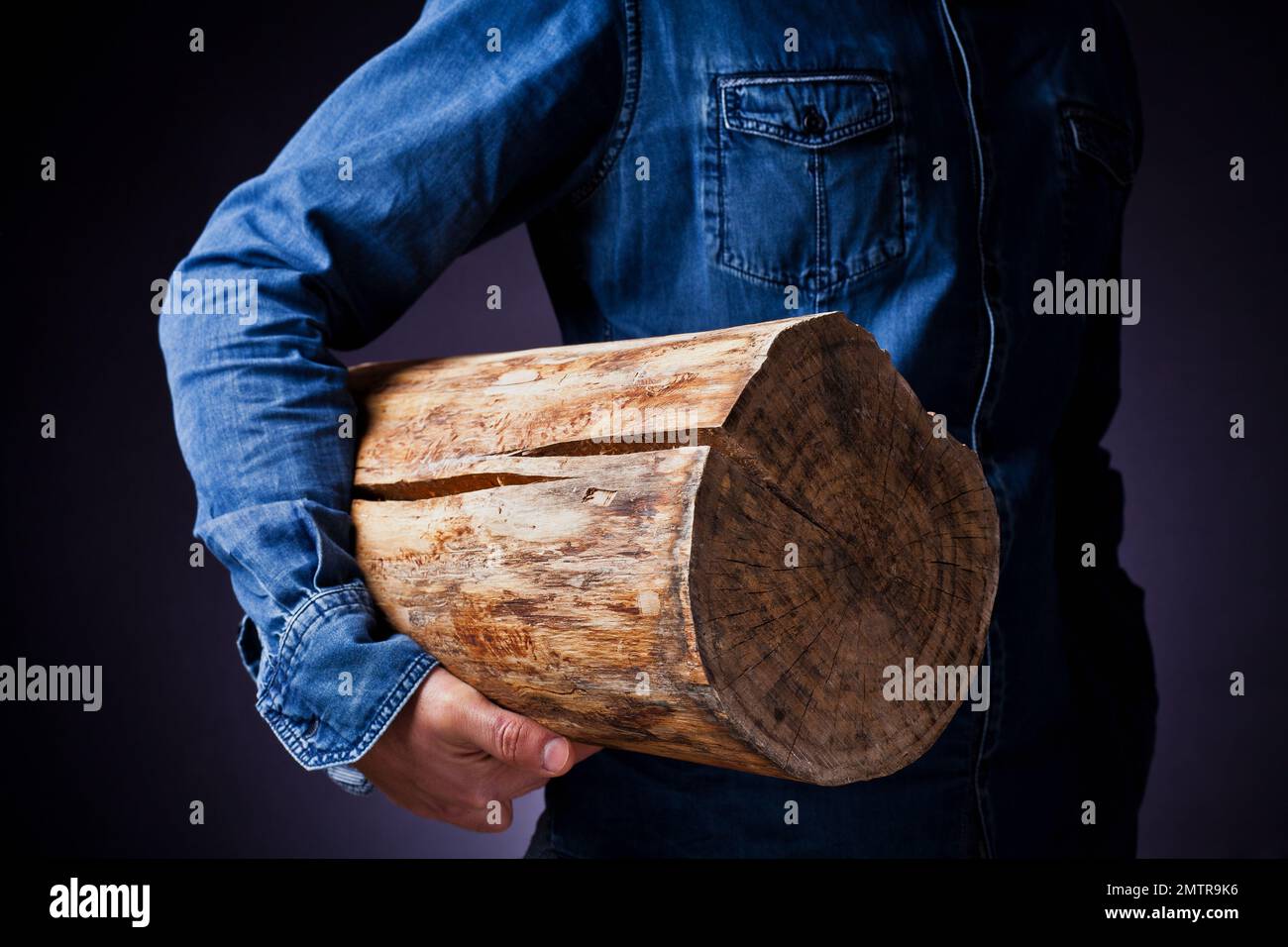 Man with tree stump in his hand cut off Stock Photo - Alamy