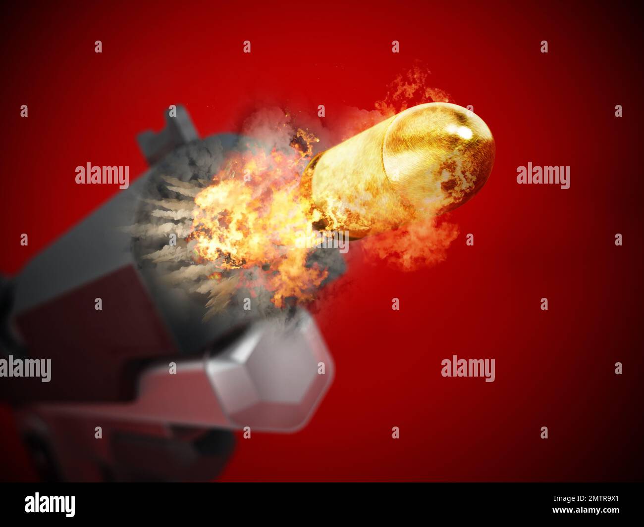 Gun firing a bullet on red background Stock Photo - Alamy