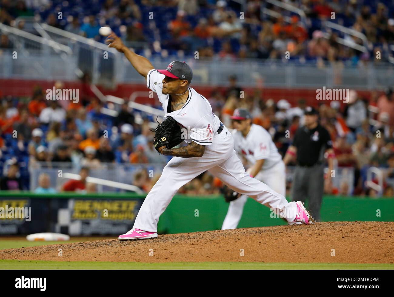Miami Marlins' AJ Ramos delivers a pitch during the ninth inning of a ...