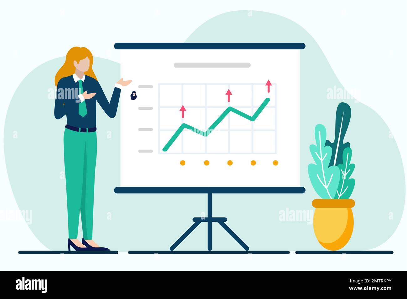 Business woman presenting graph on whiteboard. Vector illustration in ...