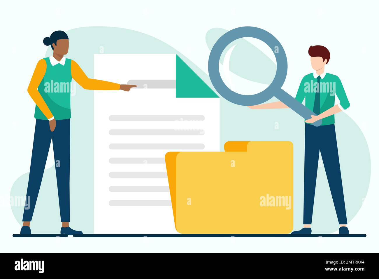 Man and woman holding magnifying glass over documents. Vector ...