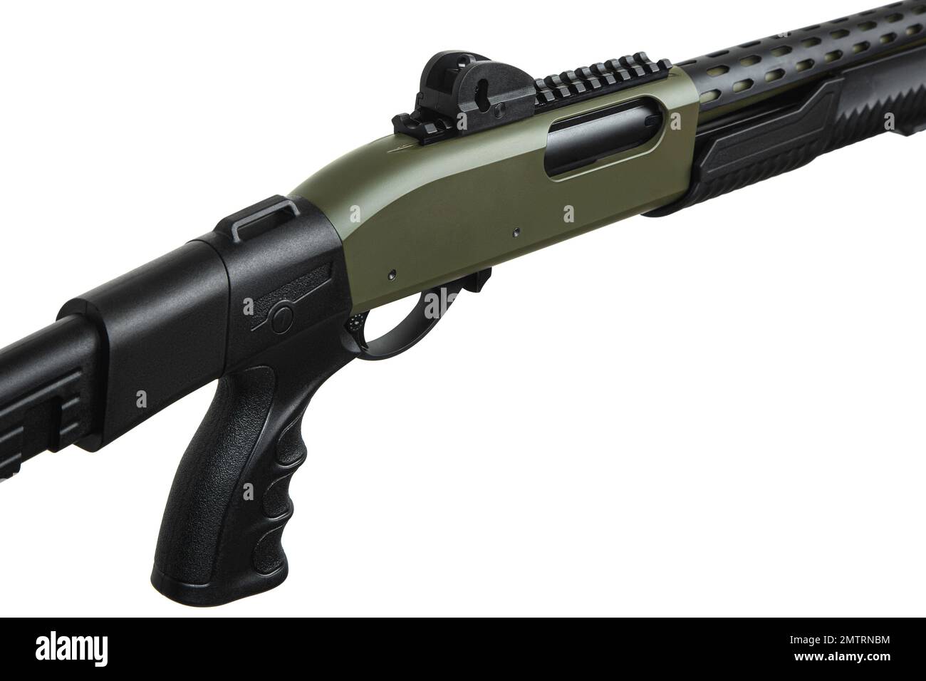 Pump-action 12 gauge shotgun isolated on a white background. A smooth ...