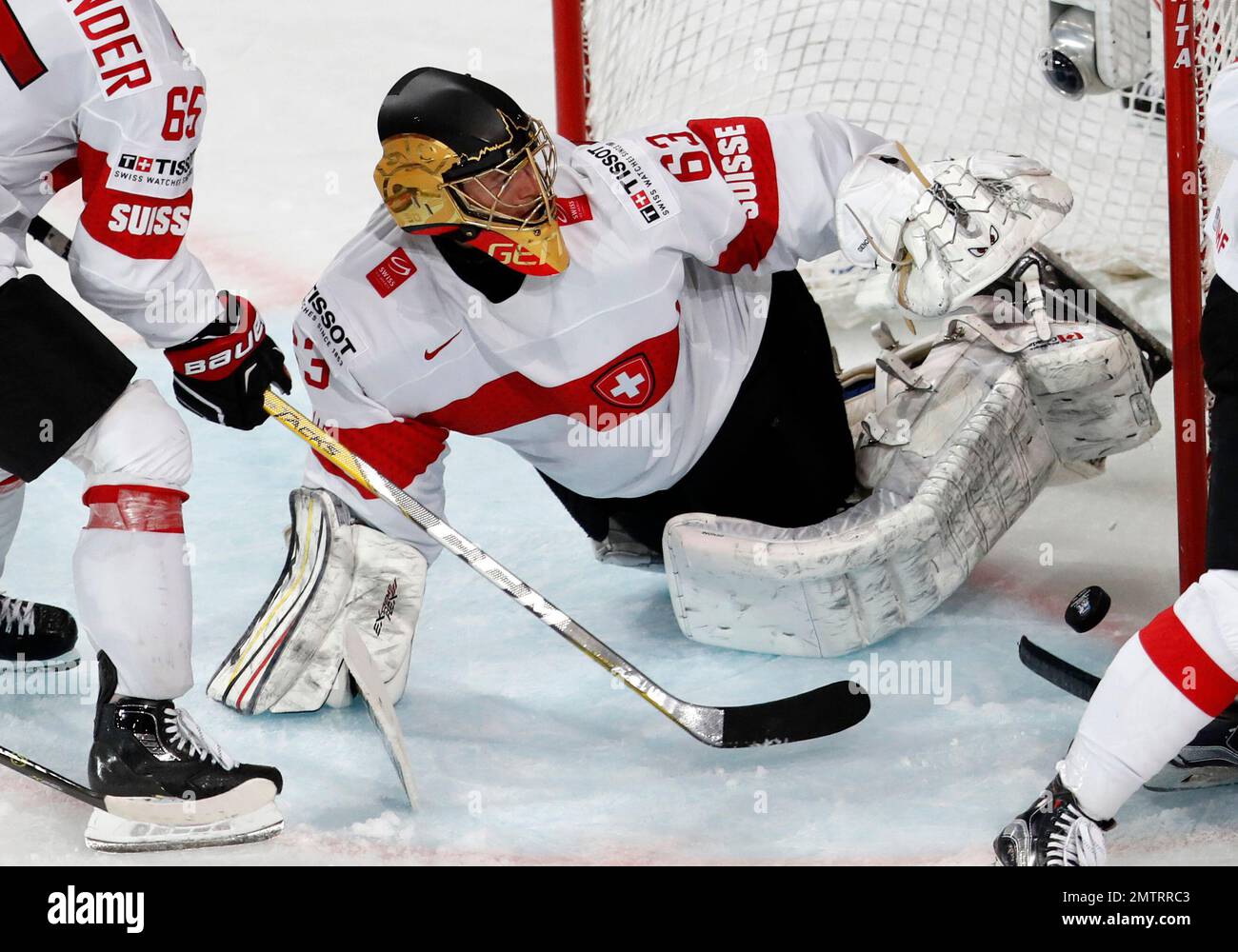 Switzerland's Leonardo Genoni makes a save during the Ice Hockey World ...