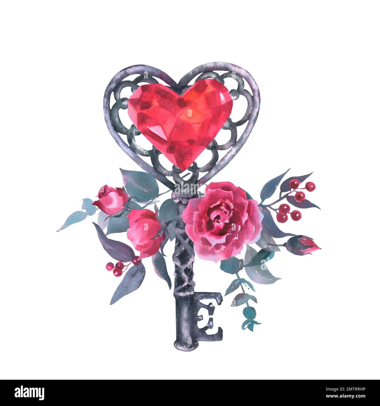 Set watercolor illustration with old vintage key heart shaped, heart ...