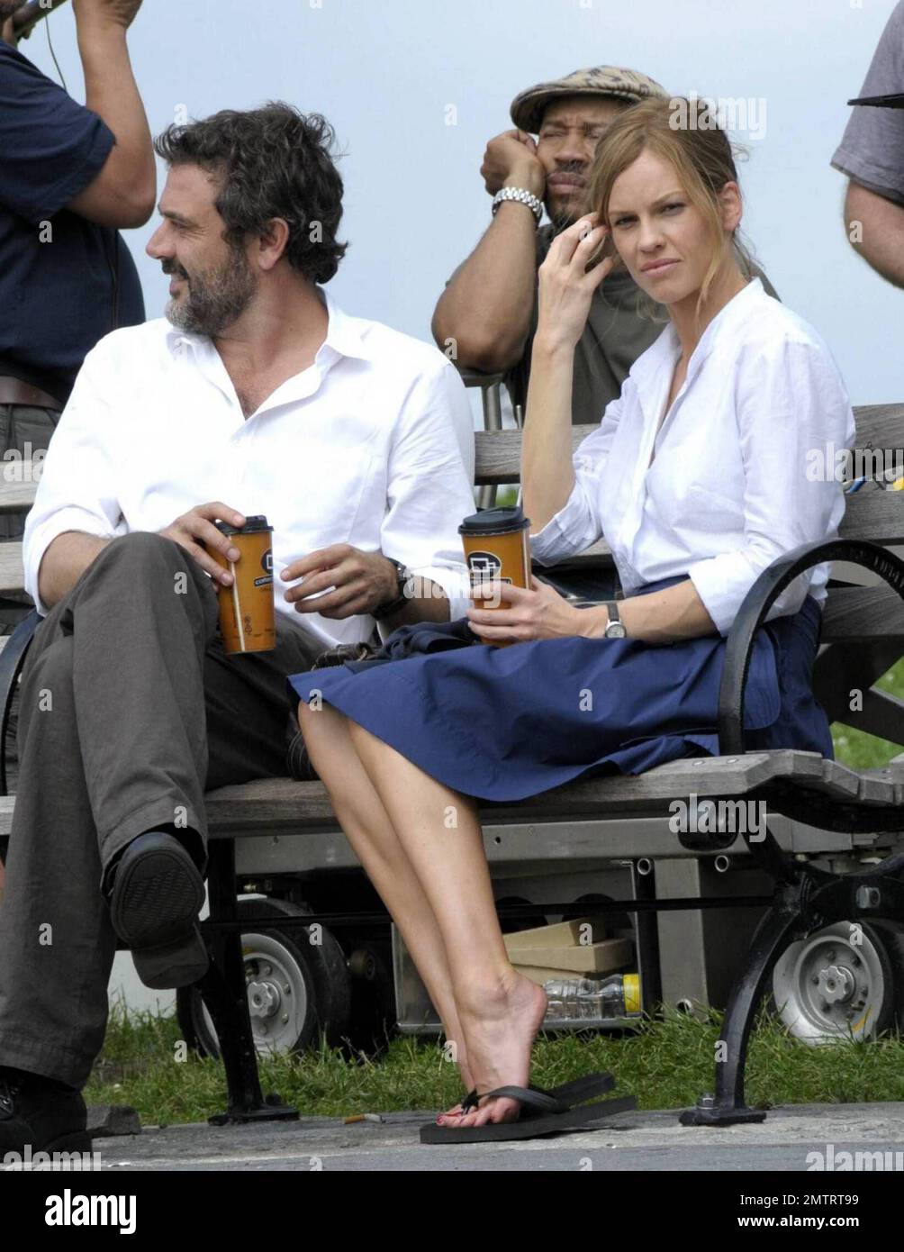 Hilary Swank and Jeffrey Dean Morgan chat and enjoy some coffee while ...
