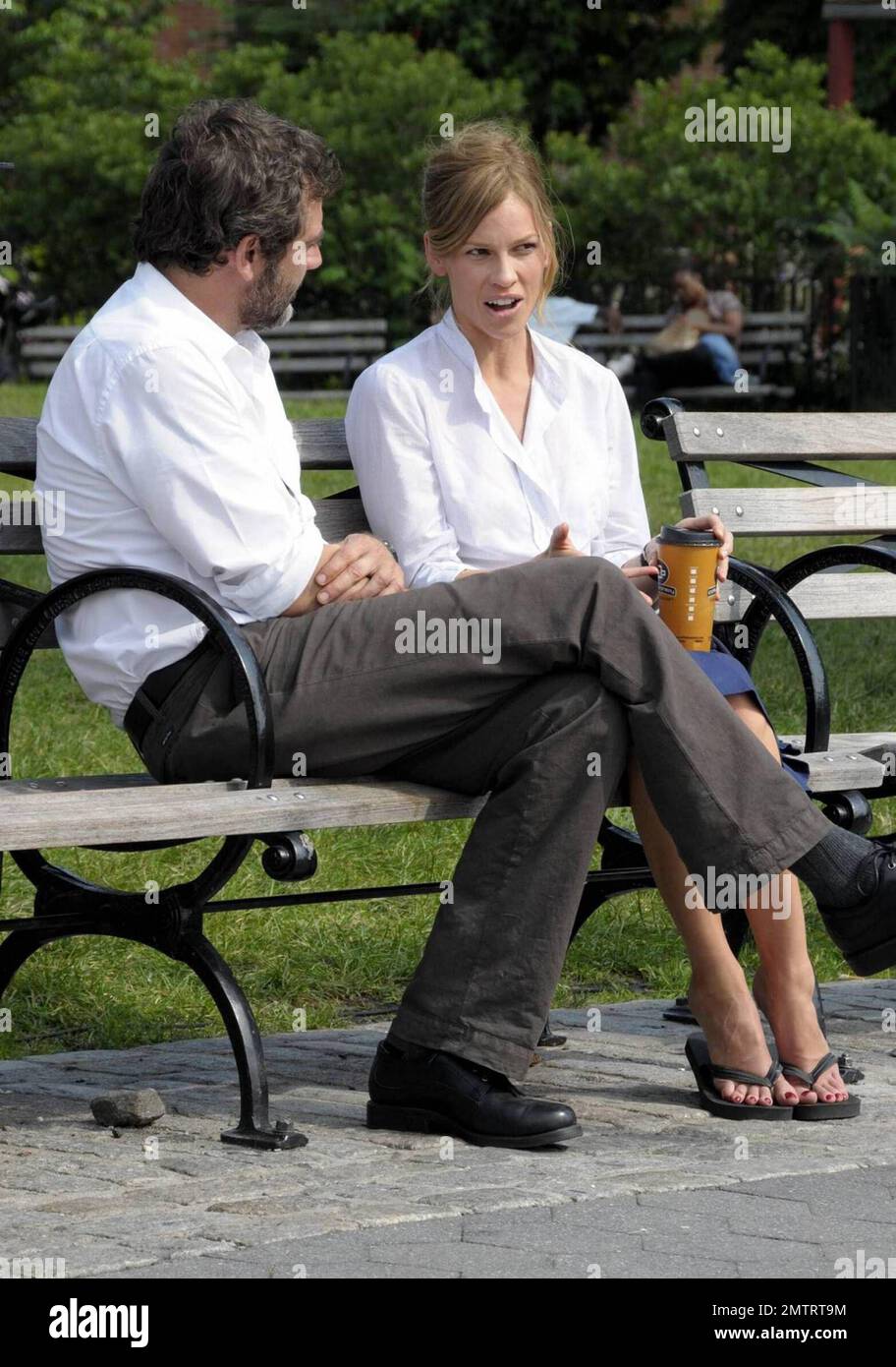 Hilary Swank and Jeffrey Dean Morgan chat and enjoy some coffee while ...