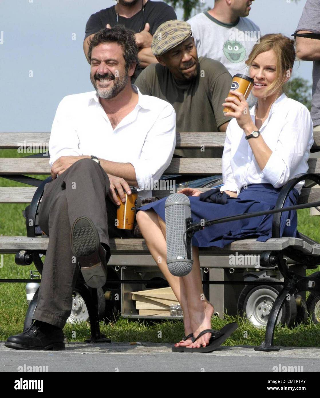 Hilary Swank and Jeffrey Dean Morgan chat and enjoy some coffee while ...