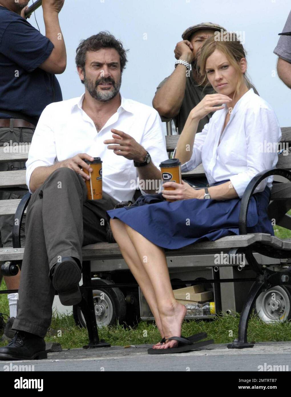 Hilary Swank and Jeffrey Dean Morgan chat and enjoy some coffee while ...