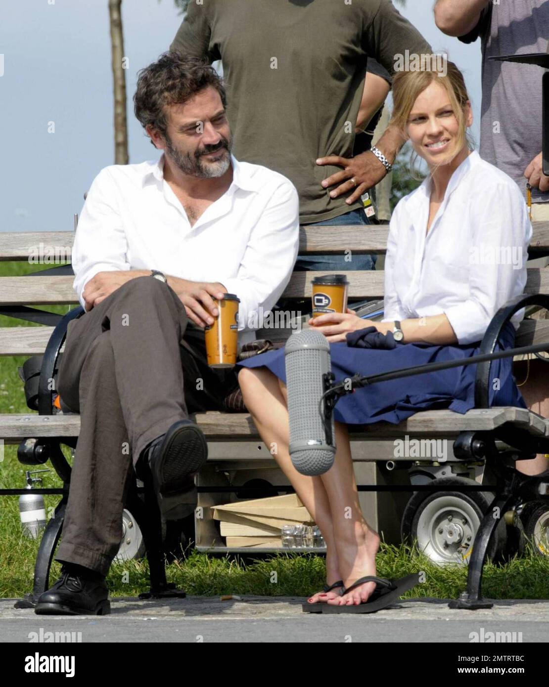 Hilary Swank and Jeffrey Dean Morgan chat and enjoy some coffee while ...
