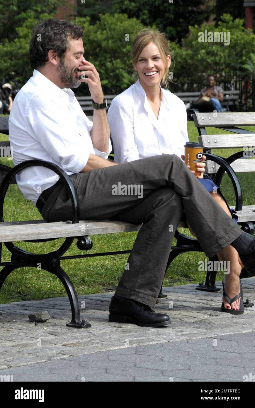 Hilary Swank and Jeffrey Dean Morgan chat and enjoy some coffee while ...