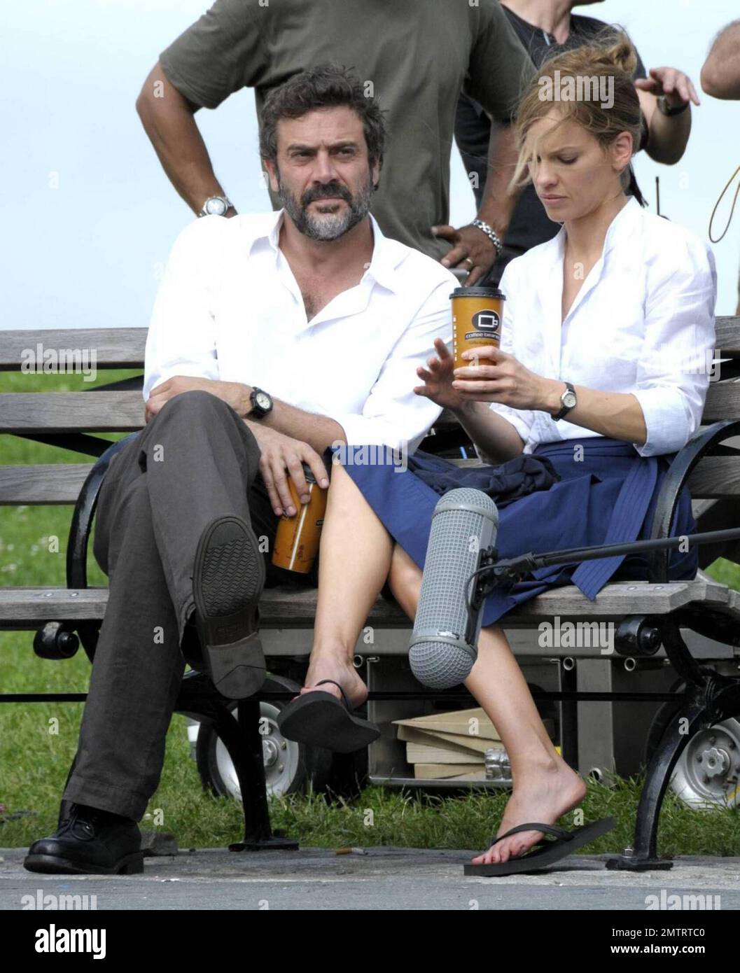 Hilary Swank and Jeffrey Dean Morgan chat and enjoy some coffee while ...