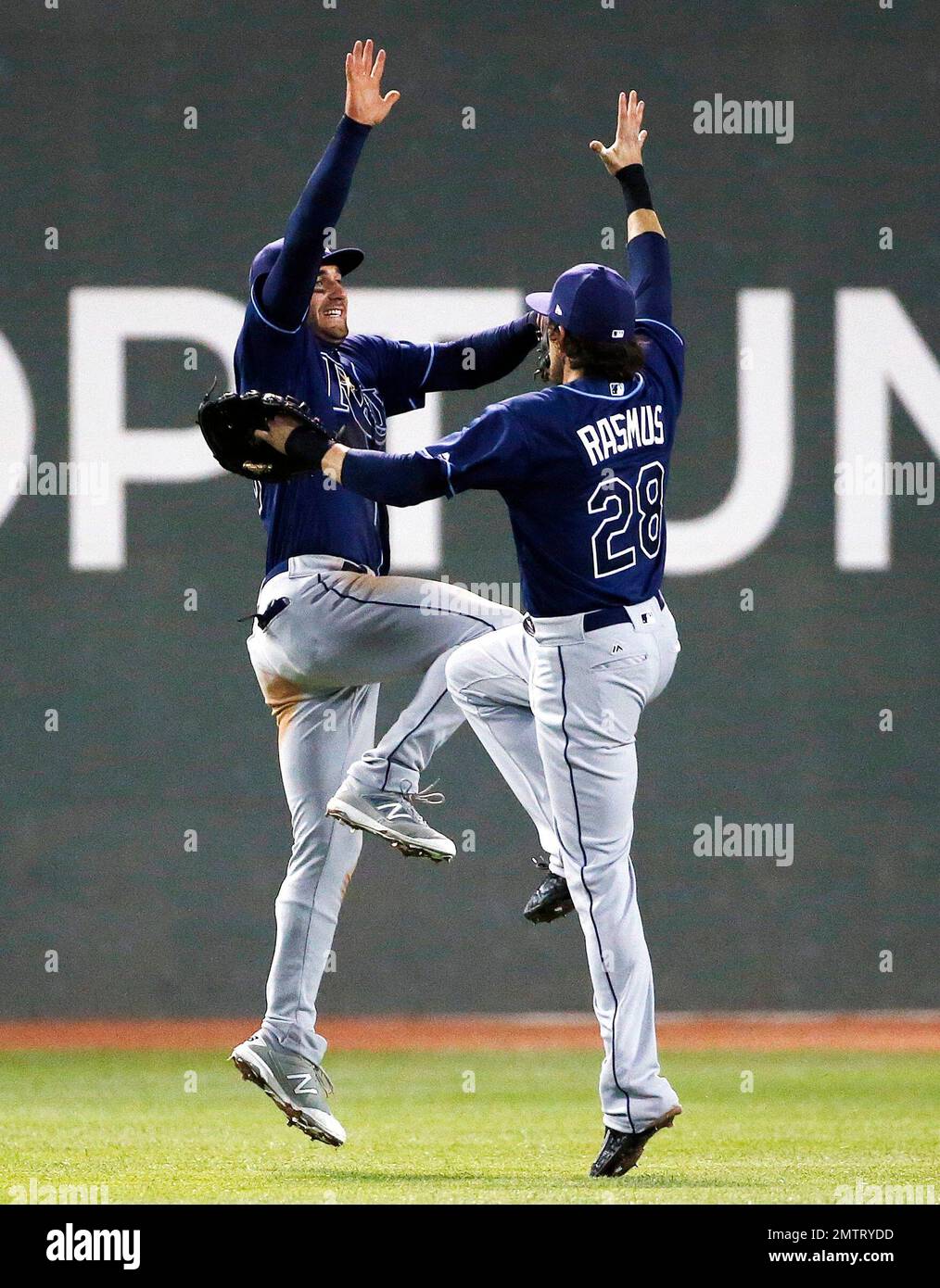 Tampa Bay Rays' Colby Rasmus (28) and Kevin Kiermaier celebrate after ...