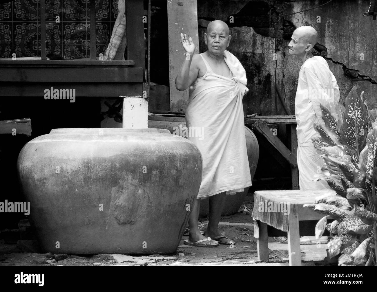A grayscale of a Buddhist female monk talking to a male monk in Phnom ...