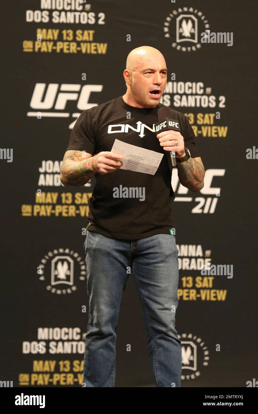 Joe Rogan is seen during a weigh-in before UFC 211 on Friday, May 12 ...