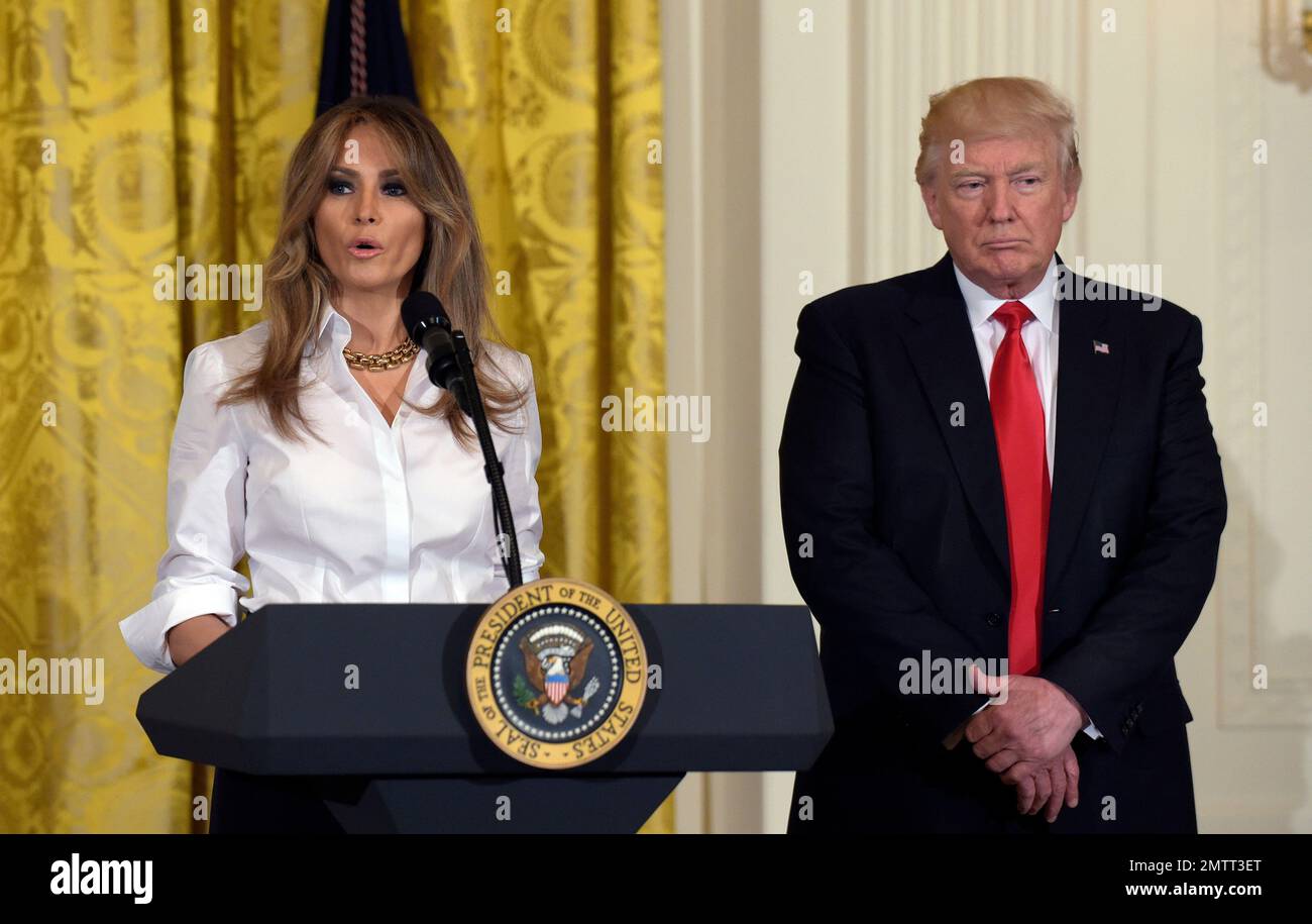 First lady Melania Trump, accompanied by President Donald Trump, speaks ...