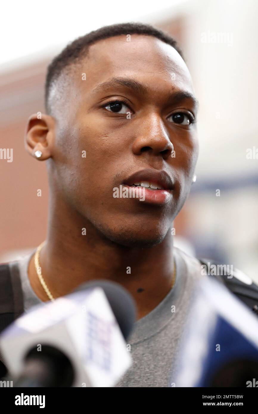 New York Giants' Wayne Gallman talks to reporters during NFL football ...