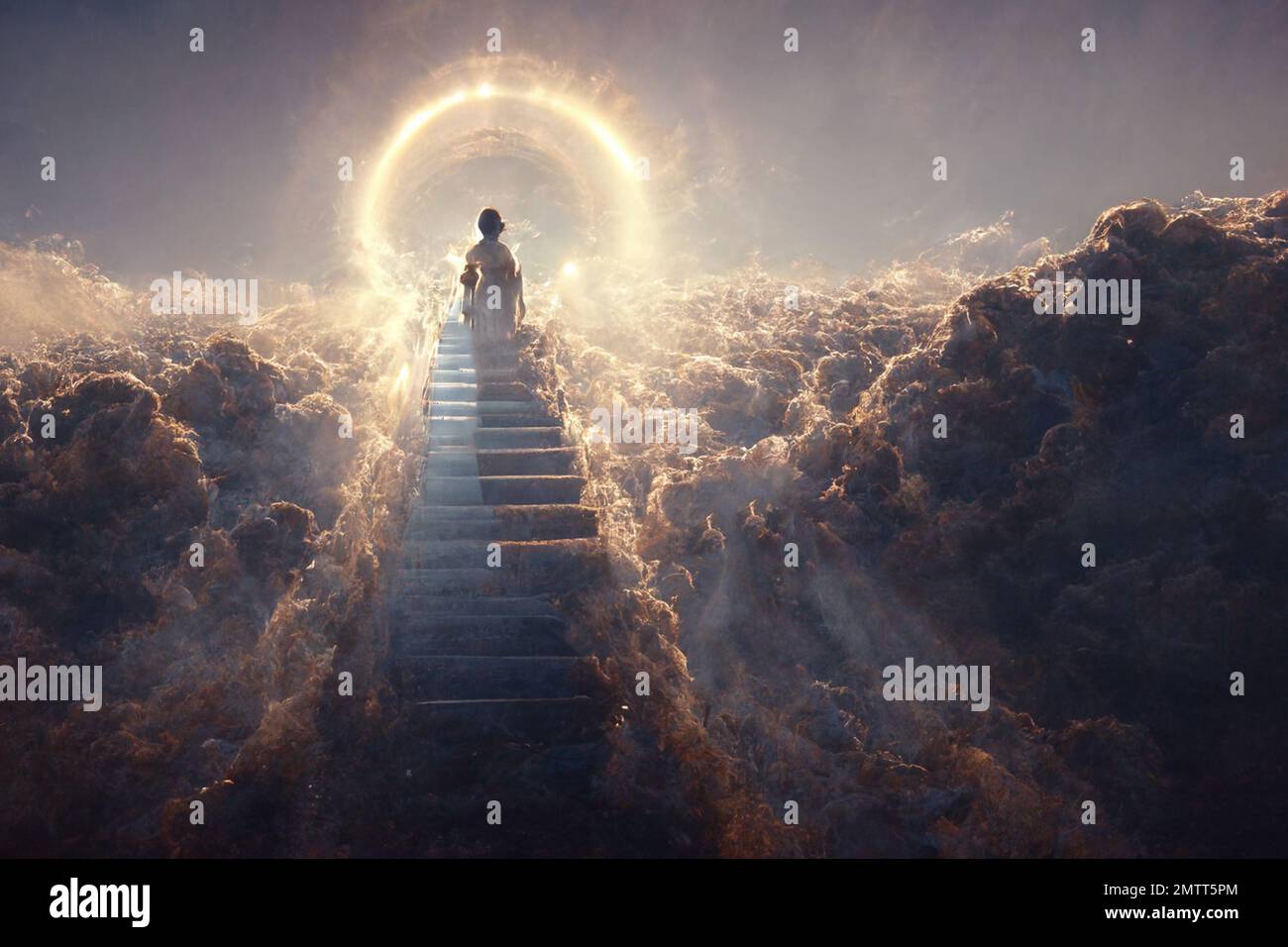 A digital illustration of a creature walking on the stairs leading to ...