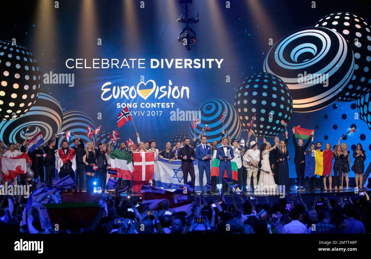The finalists pose on stage after the second Semifinal for the ...