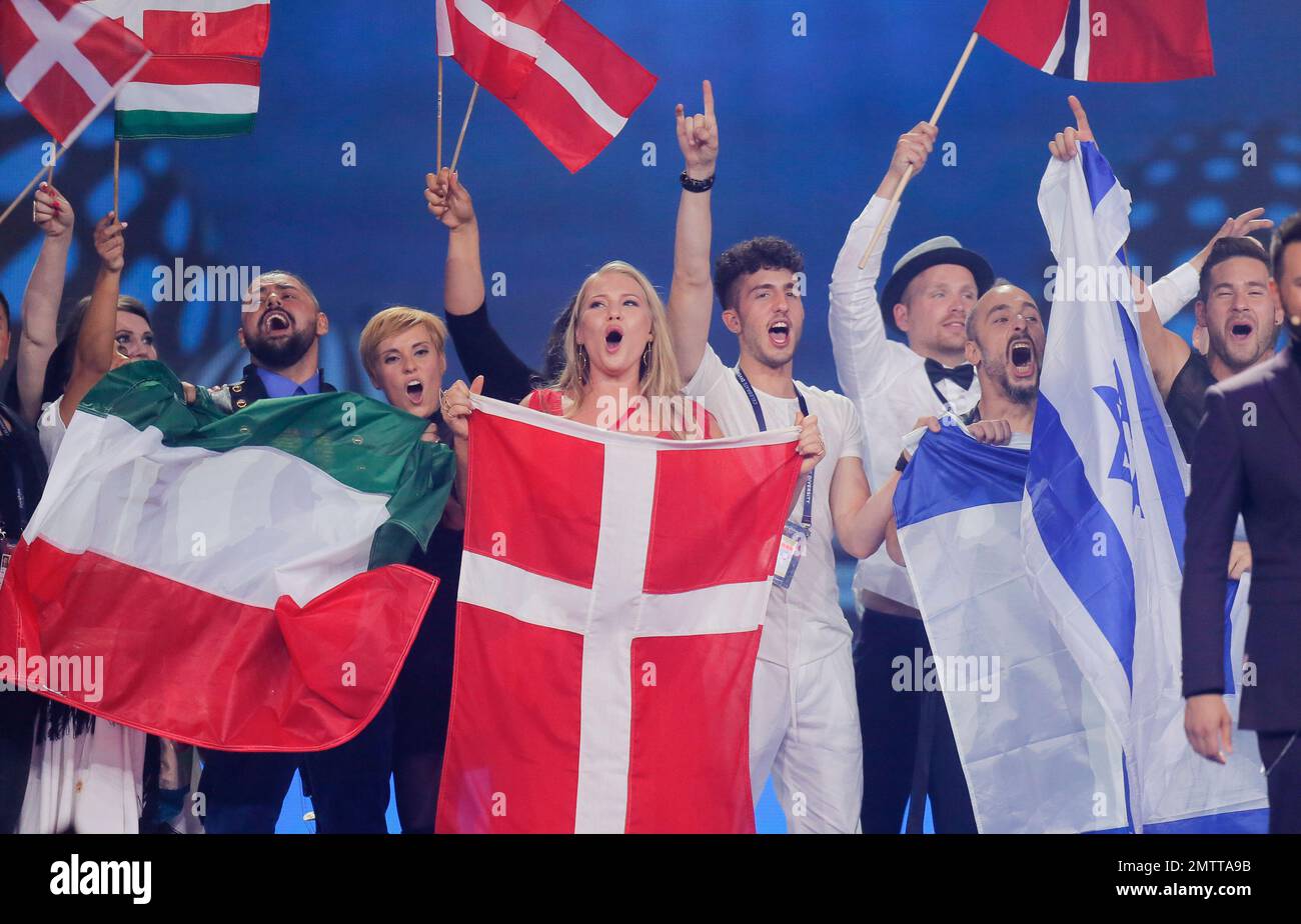 The finalists pose on stage after the second Semifinal for the ...