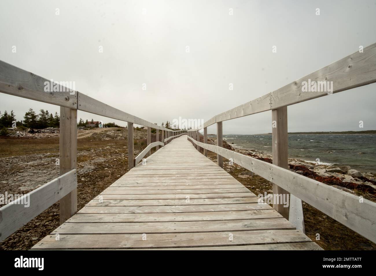 A long empty wooden walkway along the arid lakeshore under white sky ...