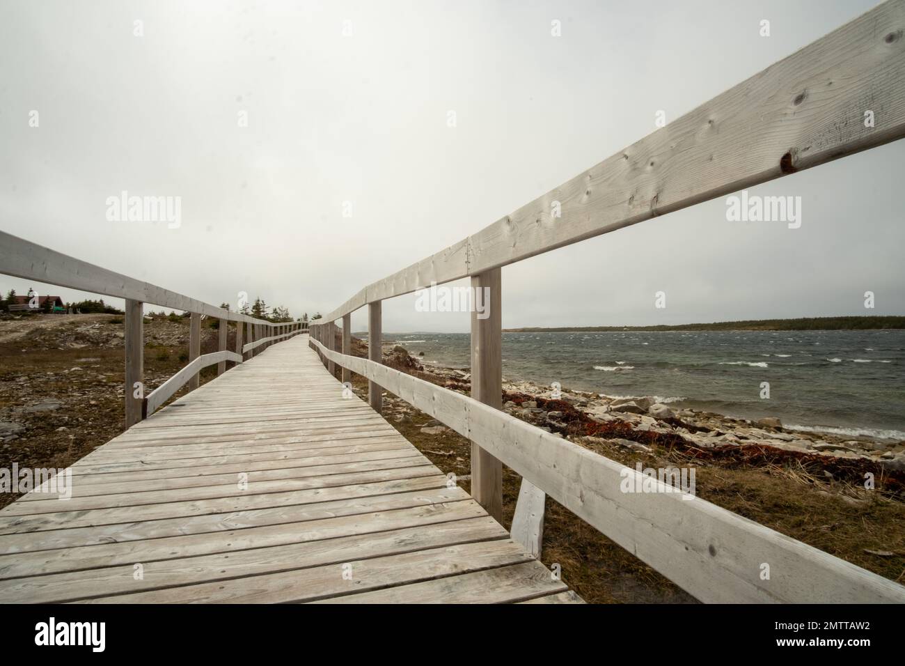 A long empty wooden walkway along the arid lakeshore under white sky ...