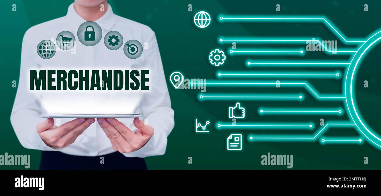 Handwriting text Merchandise. Word Written on the commodities or goods ...